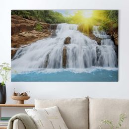 Bilderwelten Akustikbild Natur braun Motiv Schallschutzbild - Morgen im Paradies - Wasserfall Wohnzimmer Schlafzimmer