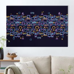 Bilderwelten Akustikbild blau Neon Art Schallschutzbild - Neon Gaming Symbole - Wandbild Jugendzimmer