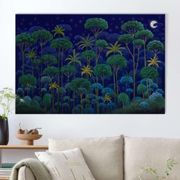 Bilderwelten Akustikbild Wald blau Tropisch Schallschutzbild - Mitternacht im Regenwald - Asia Wohnzimmer Schlafzimmer