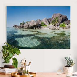Bilderwelten Akustikbild Strand t&uuml;rkis Tropisch Schallschutzbild - La Digue - Karibik Wohnzimmer Schlafzimmer