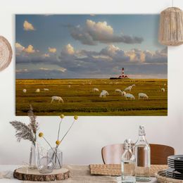 Bilderwelten Akustikbild Strand gr&uuml;n Motiv Schallschutzbild - Nordsee Leuchtturm mit Schafsherde - Himmel Wohnzimmer Schlafzimmer