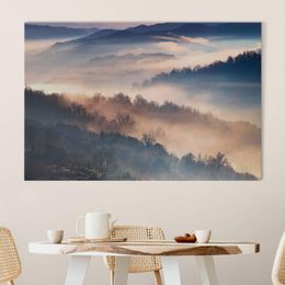 Bilderwelten Akustikbild Wald beige Motiv Schallschutzbild - Nebel bei Sonnenuntergang - B&auml;ume Wohnzimmer Schlafzimmer