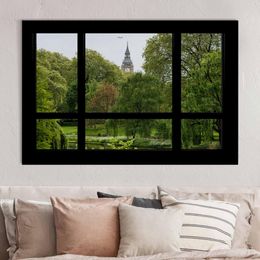 Bilderwelten Akustikbild Stadt gr&uuml;n Motiv Schallschutzbild - Fensterblick &uuml;ber St. James Park auf Big Ben - Architektur Wohnzimmer Schlafzimmer