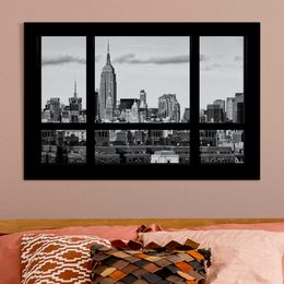 Akustikbild Fensterblick New York Skyline schwarz wei&szlig;