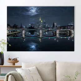 Bilderwelten Akustikbild Stadt blau Motiv Schallschutzbild - Frankfurt bei Vollmond - Architektur Wohnzimmer Schlafzimmer