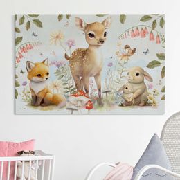 Bilderwelten Akustikbild Fuchs Rehkitz und Hase auf Blumenwiese - Kinderzimmer Babyzimmer - M&auml;dchen Jungen Baby Kind - Schallschutzbild XXL
