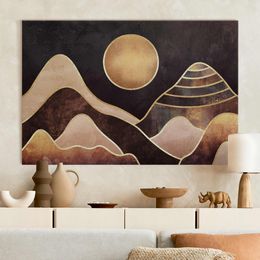 Bilderwelten Akustikbild originell gold Abstrakt Aquarell - Goldene Sonne abstrakte Berge - Wandbild Wohnzimmer Schlafzimmer