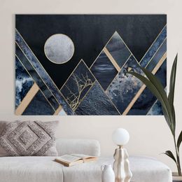 Bilderwelten Akustikbild originell blau Abstrakt Aquarell - Goldener Mond abstrakte schwarze Berge - Wandbild Wohnzimmer Schlafzimmer
