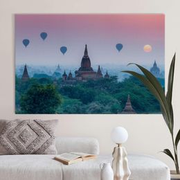 Bilderwelten Akustikbild Stadt gr&uuml;n Motiv Schallschutzbild - Hei&szlig;luftballons &uuml;ber Tempelanlage - Architektur Wohnzimmer Schlafzimmer