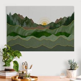 Bilderwelten Akustikbild Wald gr&uuml;n Abstrakt Schallschutzbild - Grafische Landschaft mit Sonne - B&auml;ume Wohnzimmer Schlafzimmer