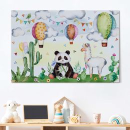 Bilderwelten Akustikbild Tiere gr&uuml;n Illustration Aquarell - Panda und Lama Aquarell - Ballon Kinderzimmer Baby M&auml;dchen Jungen