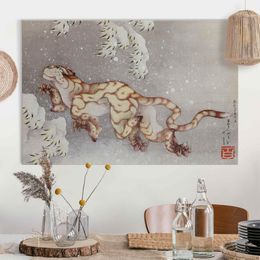 Bilderwelten Akustikbild Tiere beige modern Schallschutzbild - Katsushika Hokusai - Tiger in Schneesturm - Tiger Wohnzimmer Schlafzimmer