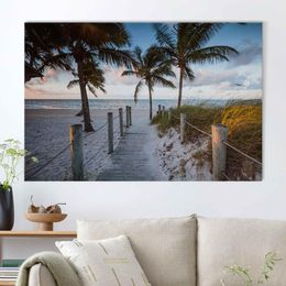Bilderwelten Akustikbild Strand blau Motiv Schallschutzbild - Palmen am Steg zum Meer - Palme Wohnzimmer Schlafzimmer