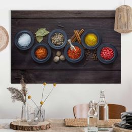 Bilderwelten Akustikbild Kulinarisch braun Motiv Schallschutzbild - Schwarze Schalen mit Gew&uuml;rzen - Gew&uuml;rze & Kr&auml;uter K&uuml;che