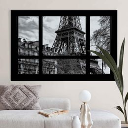 Bilderwelten Akustikbild Fensterausblick Paris - Nahe am Eiffelturm schwarz wei&szlig;