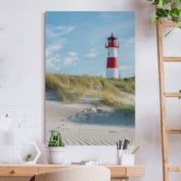 Bilderwelten Akustikbild Strand blau Motiv Schallschutzbild - Leuchtturm an der Nordsee - D&uuml;nen Wohnzimmer Schlafzimmer