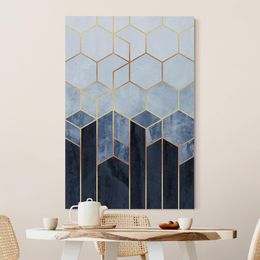 Bilderwelten Akustikbild originell blau Abstrakt Aquarell - Goldene Sechsecke Blau Wei&szlig; - Geometrisch Wohnzimmer Schlafzimmer