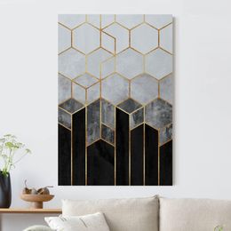 Bilderwelten Akustikbild originell schwarz weiss Abstrakt Aquarell - Goldene Sechsecke Schwarz Wei&szlig; - Geometrisch Wohnzimmer Schlafzimmer