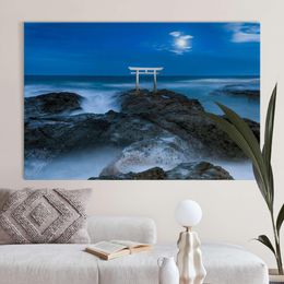 Bilderwelten Akustikbild Stadt blau Motiv Schallschutzbild - Torii bei Vollmond am Meer - Asia Wohnzimmer Schlafzimmer