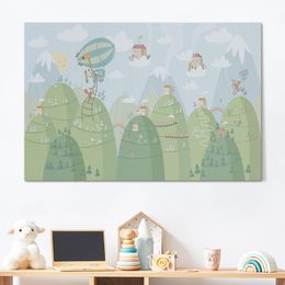 Bilderwelten Akustikbild Tiere grün Illustration Schallschutzbild - Wald mit Häusern und Tieren - Ballon Kinderzimmer Baby Mädchen Jungen