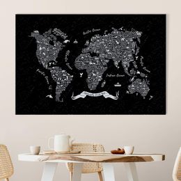 Bilderwelten Akustikbild Weltkarte schwarz modern Schallschutzbild - Typografie Weltkarte schwarz - Karten Kinderzimmer Baby M&auml;dchen Jungen