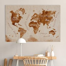 Bilderwelten Akustikbild Weltkarte beige modern Aquarell - Weltkarte Aquarell beige braun - Karten Jugendzimmer