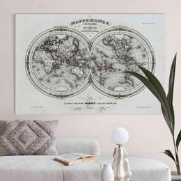 Bilderwelten Akustikbild Weltkarte schwarz weiss Vintage Schallschutzbild - Weltkarte - Franz&ouml;sische Karte der Hemissph&auml;ren von 1848 - Karten Jugendzimmer