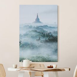 Bilderwelten Akustikbild Wald gr&uuml;n Motiv Schallschutzbild - Morgennebel &uuml;ber dem Dschungel von Bagan - Asia Wohnzimmer Schlafzimmer
