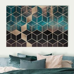 Bilderwelten Akustikbild originell t&uuml;rkis Abstrakt Aquarell - T&uuml;rkis Ros&eacute; goldene Geometrie - Geometrisch Wohnzimmer Schlafzimmer