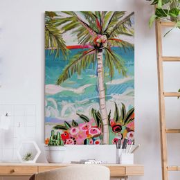 Bilderwelten Akustikbild Natur bunt Tropisch Schallschutzbild - Palme mit pinken Blumen II - Palme Wohnzimmer Schlafzimmer