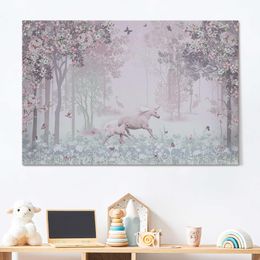 Bilderwelten Akustikbild Tiere rosa Illustration Schallschutzbild - Einhorn auf Blumenwiese in Rosa - Einhorn Kinderzimmer Baby M&auml;dchen Jungen