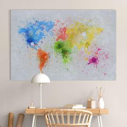Bilderwelten Akustikbild Weltkarte bunt modern Schallschutzbild - Bunte Farbspritzer Weltkarte - Karten Wohnzimmer Schlafzimmer
