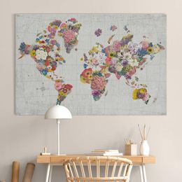Bilderwelten Akustikbild Weltkarte beige Vintage Schallschutzbild - Botanische Weltkarte - Karten Wohnzimmer Schlafzimmer
