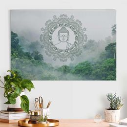 Bilderwelten Akustikbild Spirituell gr&uuml;n Orientalisch Schallschutzbild - Buddha Mandala im Nebel - Asia Wohnzimmer Schlafzimmer