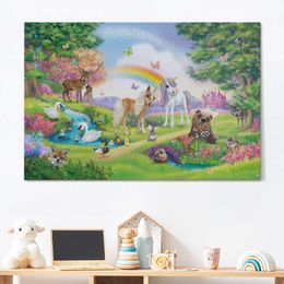 Bilderwelten Akustikbild Tiere bunt Illustration Schallschutzbild - Animal Club International - Zauberwald mit Einhorn - Regenbogen Kinderzimmer Baby M&auml;dchen