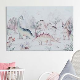 Bilderwelten Akustikbild originell bunt modern Aquarell - Aquarell Dinowelt - Dinosaurier Kinderzimmer Baby M&auml;dchen Jungen