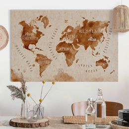 Bilderwelten Akustikbild Weltkarte beige modern Aquarell - Aquarelloptik Weltkarte beige braun - Karten Wohnzimmer Schlafzimmer