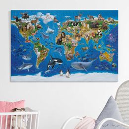 Bilderwelten Akustikbild Tiere bunt Illustration Schallschutzbild - Animal Club International - Weltkarte mit Tieren - Karten Kinderzimmer Baby M&auml;dchen Jungen
