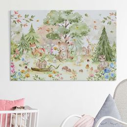 Bilderwelten Akustikbild Wald bunt modern Aquarell - Aquarell Waldtiere - B&auml;ume Kinderzimmer Baby M&auml;dchen Jungen