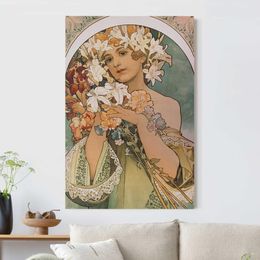 Bilderwelten Akustikbild Blumen pastell Vintage Schallschutzbild - Alfons Mucha - Blume - Retro Wohnzimmer Schlafzimmer
