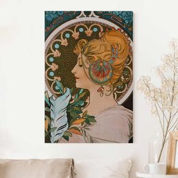 Bilderwelten Akustikbild originell beige Vintage Schallschutzbild - Alfons Mucha - Die Feder - Ornamente Wohnzimmer Schlafzimmer