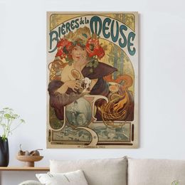 Bilderwelten Akustikbild Kulinarisch gelb Vintage Schallschutzbild - Alfons Mucha - Plakat f&uuml;r La Meuse Bier - Getr&auml;nke Wohnzimmer Schlafzimmer