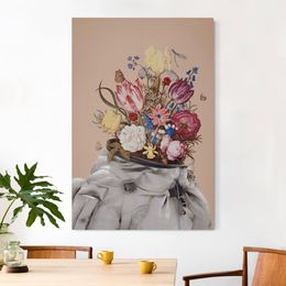 Bilderwelten Akustikbild Blumen beige Illustration Schallschutzbild - Enkel Dika - Astronautenanzug mit Blumen - Wandbild Wohnzimmer Schlafzimmer