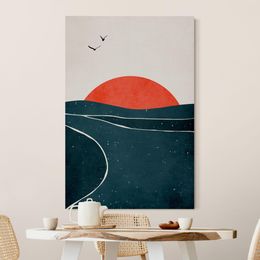 Bilderwelten Akustikbild Strand blau modern Schallschutzbild - Meer vor rotem Sonnenuntergang - Sonnenuntergang Wohnzimmer Schlafzimmer