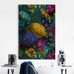 Bilderwelten Akustikbild Blumen bunt modern Aquarell - Gelbe Bl&uuml;ten mit Blauen Blumen vor T&uuml;rkis II - Wandbild Wohnzimmer Schlafzimmer