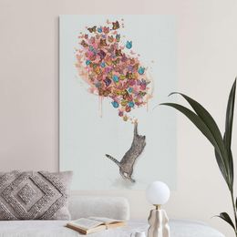 Bilderwelten Akustikbild Tiere rosa modern Aquarell - Illustration Katze mit bunten Schmetterlingen Malerei - Katze Jugendzimmer