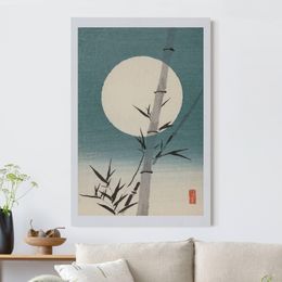 Bilderwelten Akustikbild Natur blau Vintage Aquarell - Japanische Zeichnung Bambus und Mond - Himmel Wohnzimmer Schlafzimmer