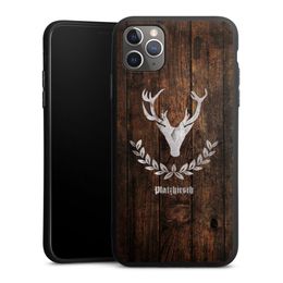 DeinDesign iPhone 11 Pro Max Handy Premium Silikon H&uuml;lle Handyh&uuml;lle schwarz Case Wood Deer Wooden Look Silikon Premium Case