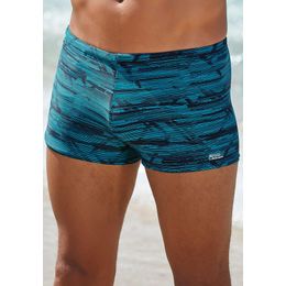 Boxer-Badehose Bruno Banani, Herren, Gr. 5 (50), N-Gr, bunt (türkis, marine), Polyamid, bedruckt, Badehosen, mit trendigem Alloverprint