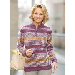 WITT Damen Stehkragenpullover in w&auml;rmender Boucl&eacute;-Qualit&auml;t, violett-ocker-geringelt, Gr&ouml;&szlig;e 38